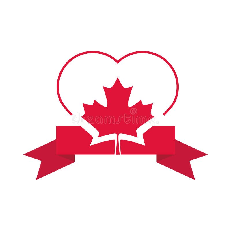 Canada Day, Heart Maple Leaf Ribbon Decoration Flat Style Icon Stock ...