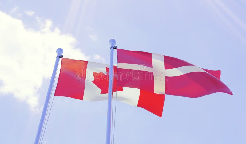 Canada and Denmark, Flags Waving Against Blue Sky Stock Illustration ...