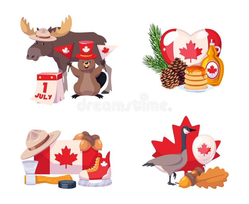 Canada Elements Compositions. Cartoon Traditional Objects Groups, Animals, Dishes and Symbols ...