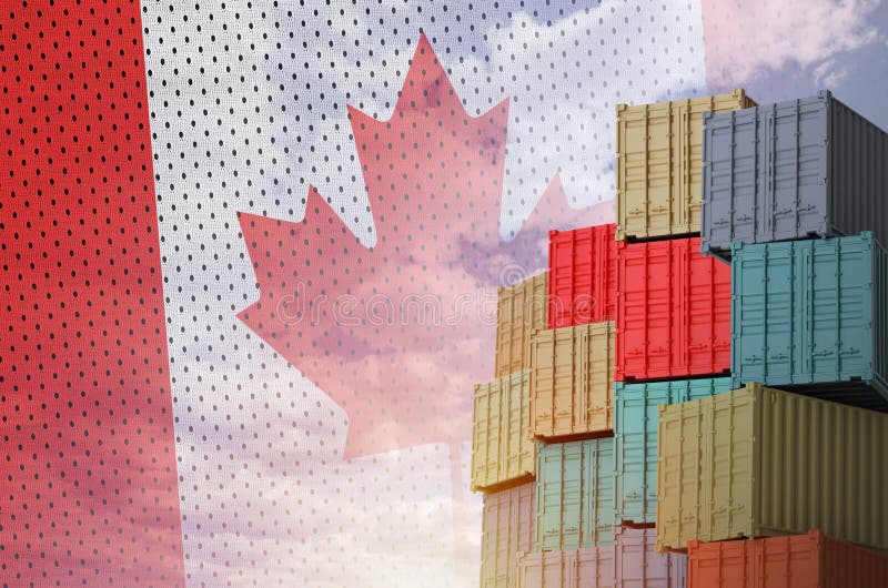 Canada Flag and Big Stack of Shipping Cargo Containers in Docks with ...