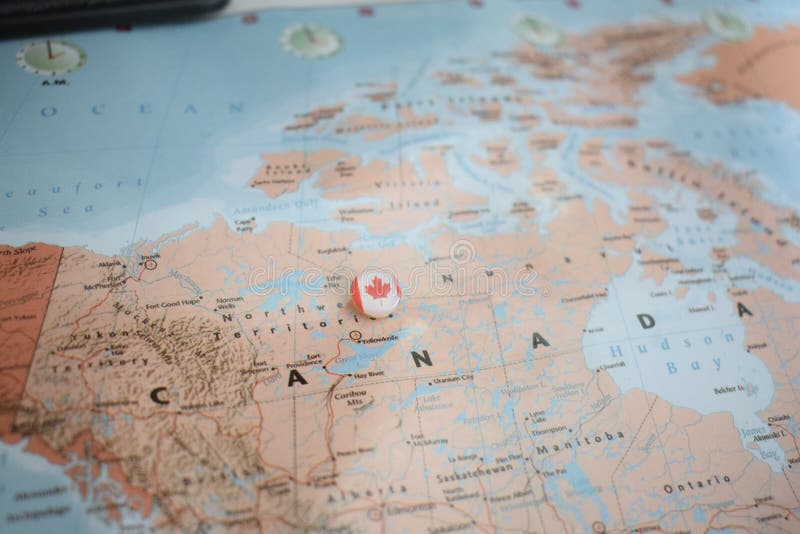 Canada Flag Drawing Pin on the Map Stock Photo - Image of europe, macro ...