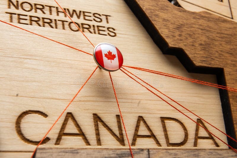 Canada Flag on the Pin with Red Thread Showed the Paths on the Wooden ...