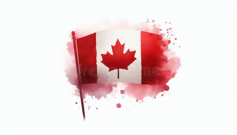 Canada Flag with Red Maple Leaf on Flagpole Painted in Watercolor Style ...