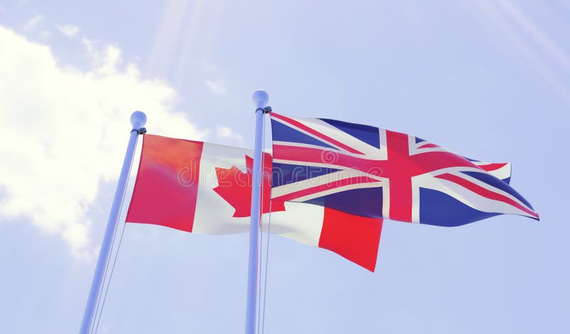 Canada and Great Britain, Flags Waving Against Blue Sky Stock ...