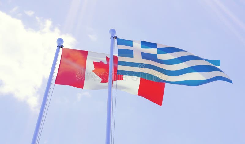 Canada and Greece, Flags Waving Against Blue Sky Stock Illustration ...