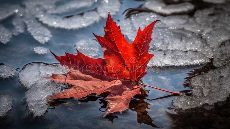 Canada Independence Day. Red Maple Leaf on Ice, Close-up. AI Generated ...