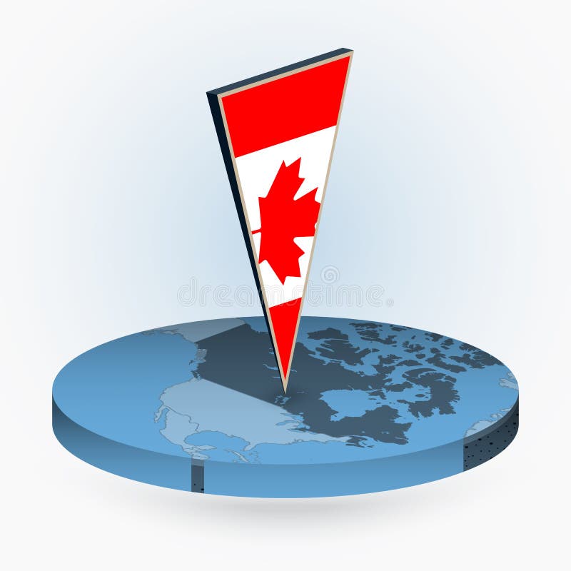 Canada Map In Round Isometric Style With Triangular 3d Flag Of Canada
