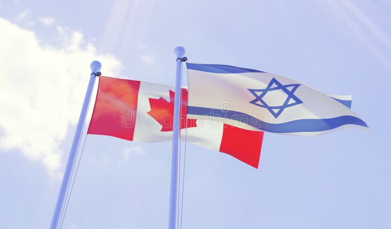 Canada and Israel, Flags Waving Against Blue Sky Stock Illustration ...