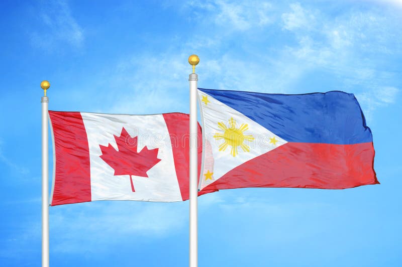 Philippines And Canada Two Flags On Flagpoles And Blue Cloudy Sky Stock ...