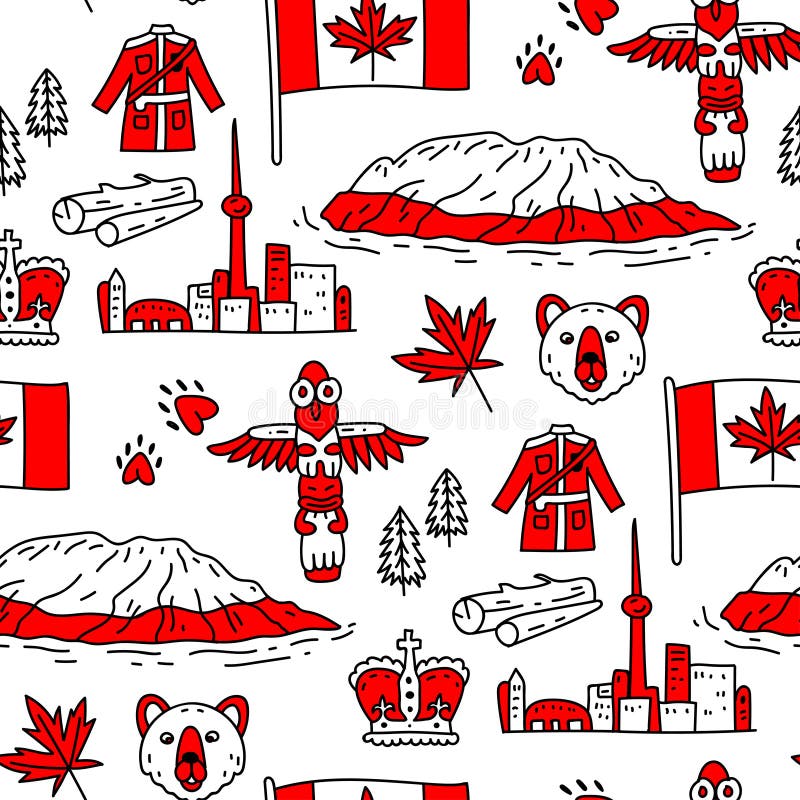 Canada Sign and Symbol Flat Icons Set in Seamless Pattern. Stock Vector ...