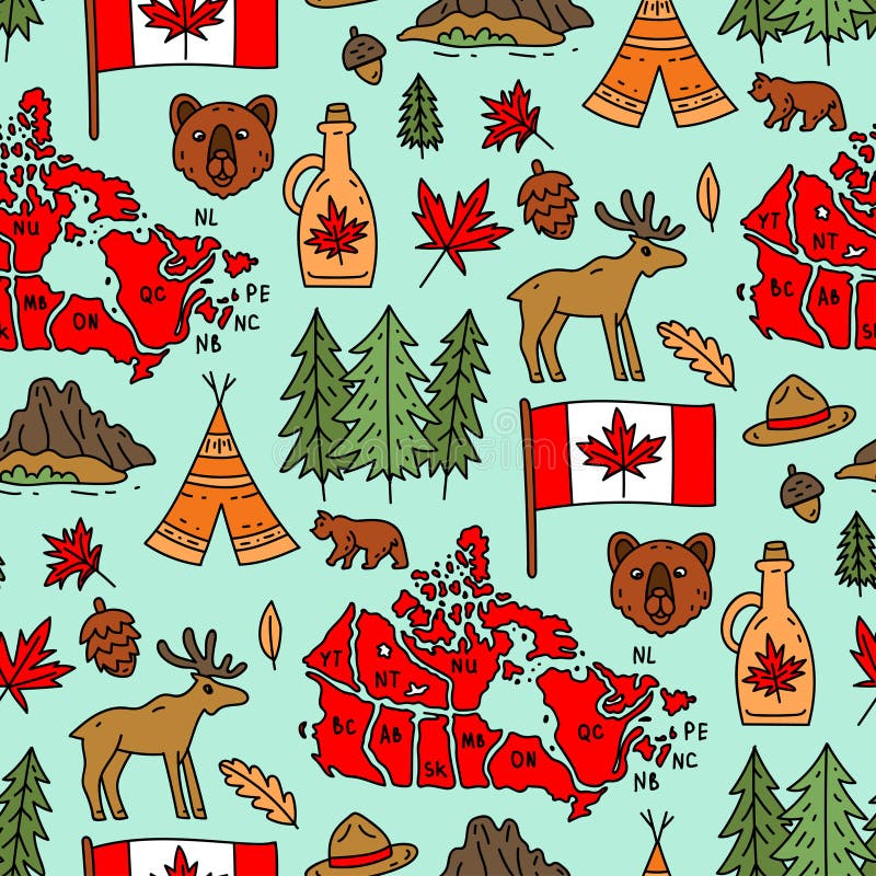 Canada Sign and Symbol Flat Icons Set in Seamless Pattern. Stock Vector ...