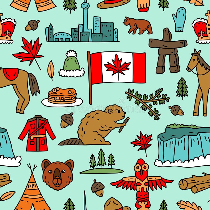 Canada Sign and Symbol Flat Icons Set in Seamless Pattern. Stock Vector ...