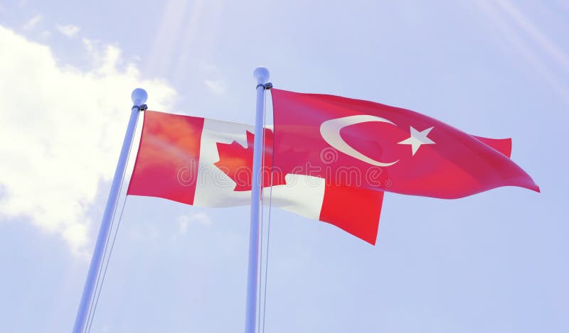 Canada and Turkey, Flags Waving Against Blue Sky Stock Illustration ...