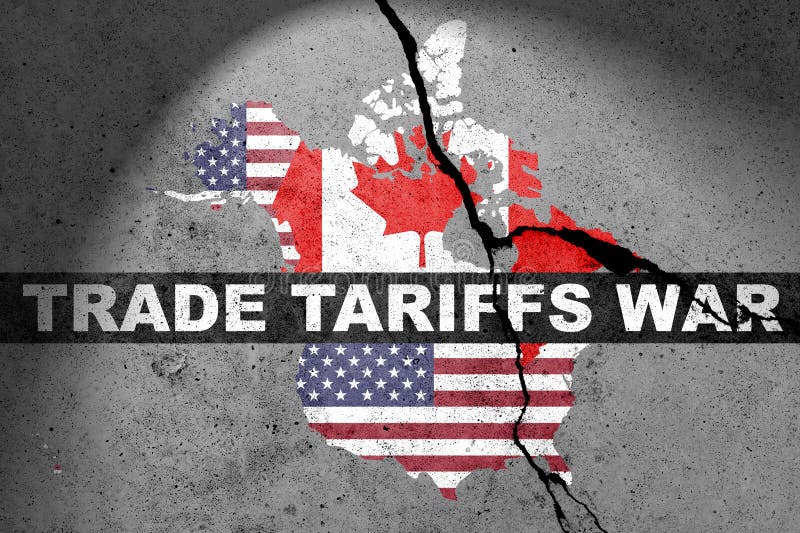 Canada and USA Flags Map Painted on the Concrete Wall with Word TARIFFS ...