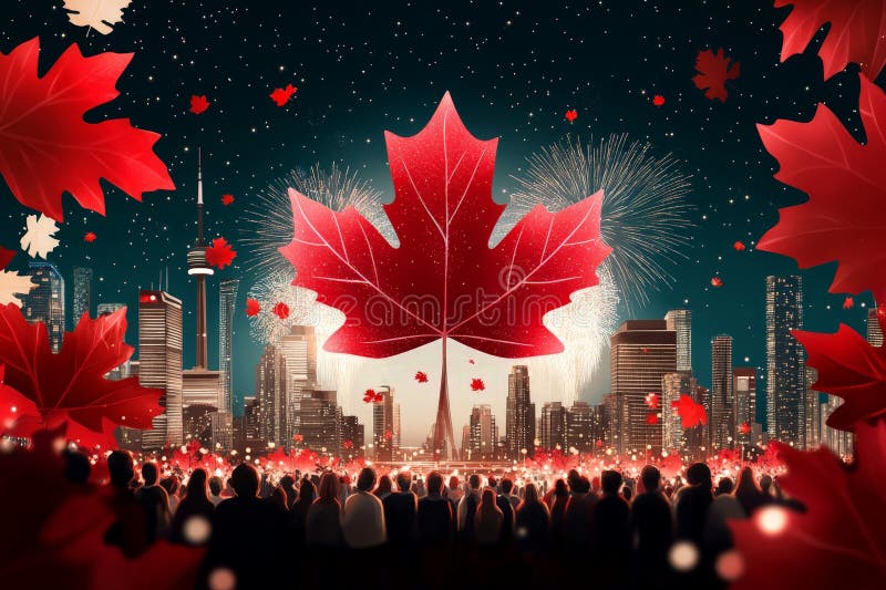 Canadian Celebration: Fireworks and Maple Leaves Over Toronto Skyline ...