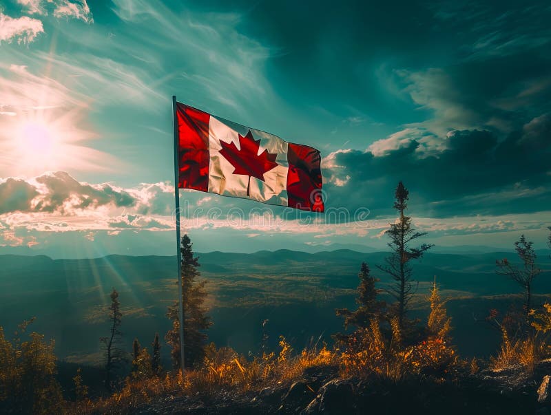 A Canadian Flag Flying High in the Sky Over a Mountain Range Stock ...
