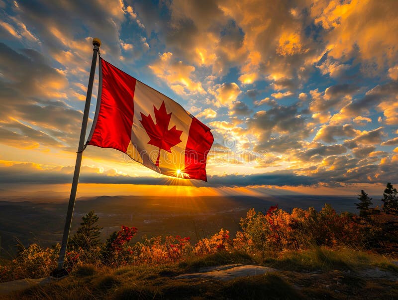 A Canadian Flag Flying High in the Sky at Sunset Stock Photo - Image of ...