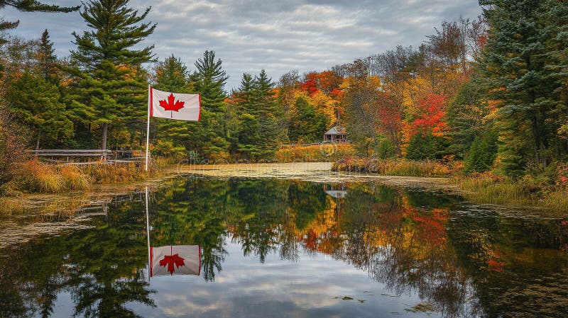 Canadian Flag Reflected in Calm Autumn Lake Stock Illustration ...