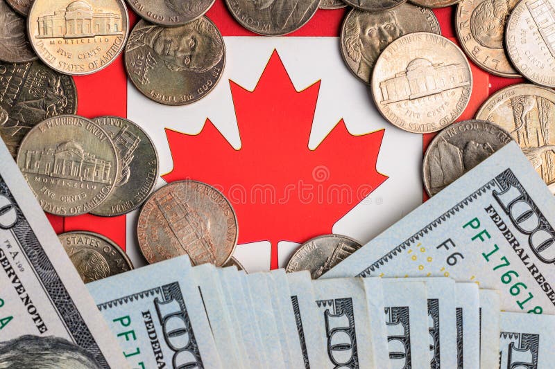 Canadian Flag Surrounded by Coins and Us Dollars Displaying Economic ...
