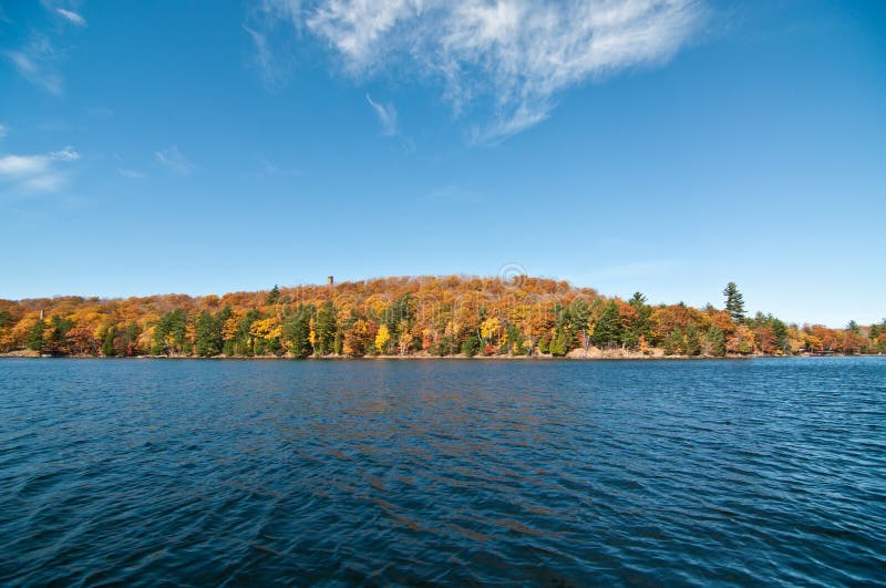 Canadian Lake with Autumn Colours and Blue Sky Stock Image - Image of ...