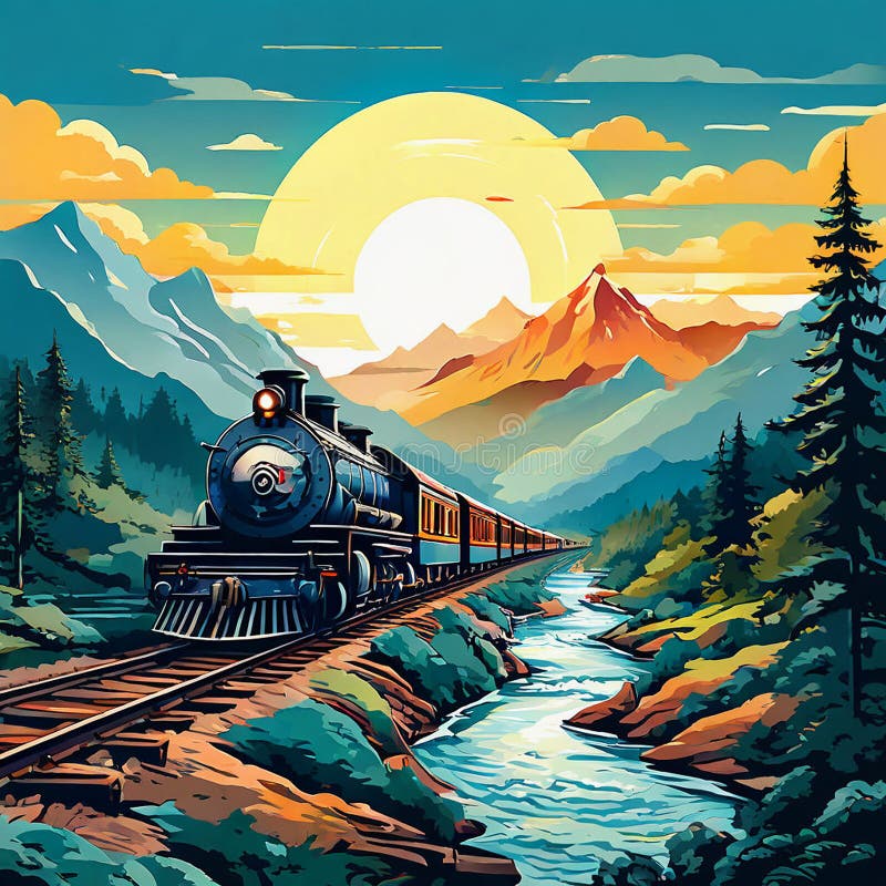 Canadian Pacific Train Mountains Sunset Stock Illustration ...
