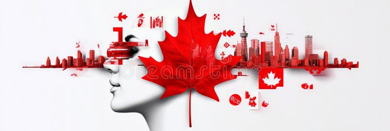 Canadian Skyline and Red Maple Leaf Silhouette of Female Face Stock ...