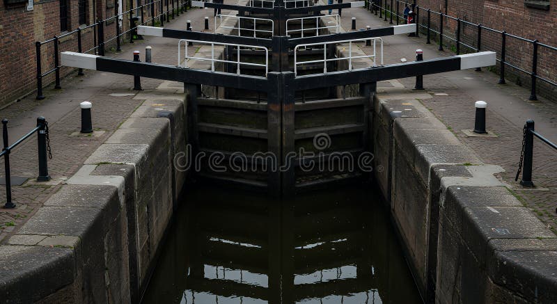 Canal Lock Structure with Water Reflection and Brick Building Backdrop ...