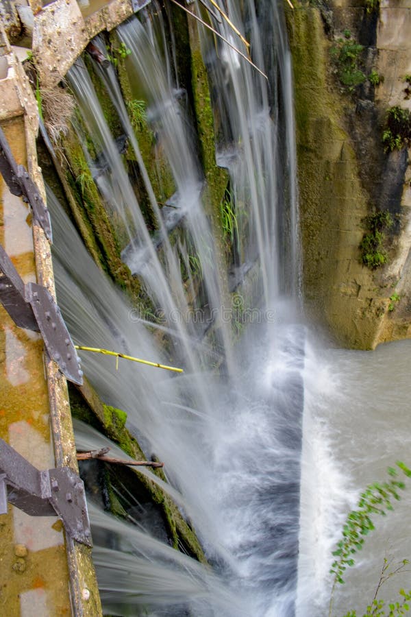 Canal Side Capture with Lock Gates, Water Flows Creating a Misty ...
