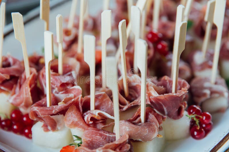 Canape with Bacon. Light Snacks at the Banquet Stock Image - Image of ...