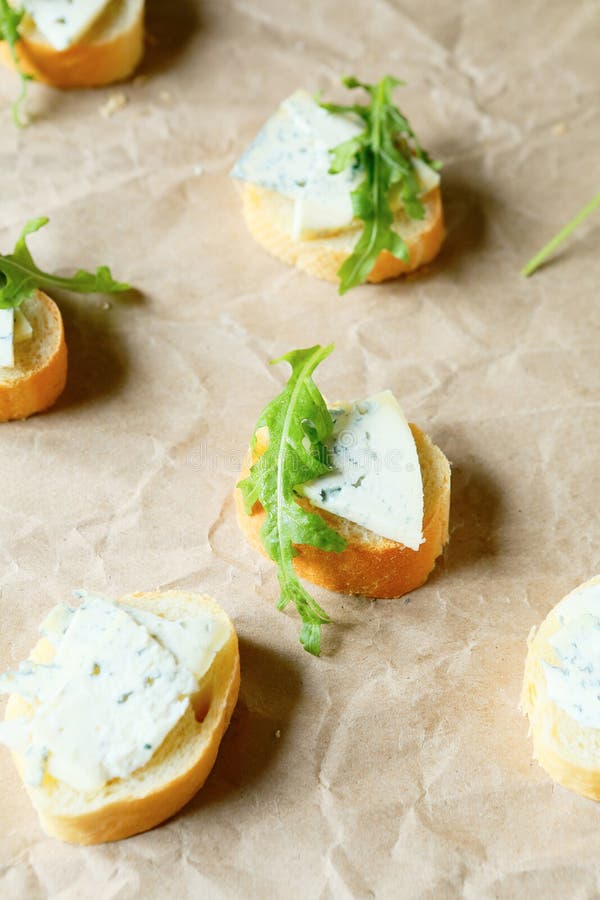 Canape with Blue Cheese and Fresh Rocket Stock Image - Image of lunch ...