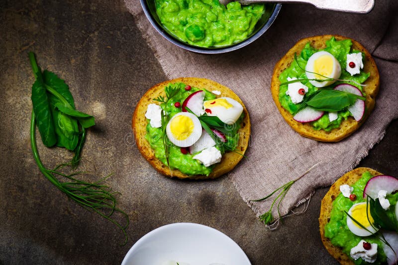 Canape with Green Peas Paste and Eggs Stock Photo - Image of style ...