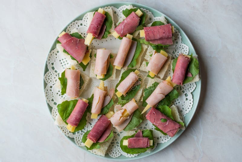 Canape Ham Wrapped with Cheese and Greens in Round Plate. Stock Image ...