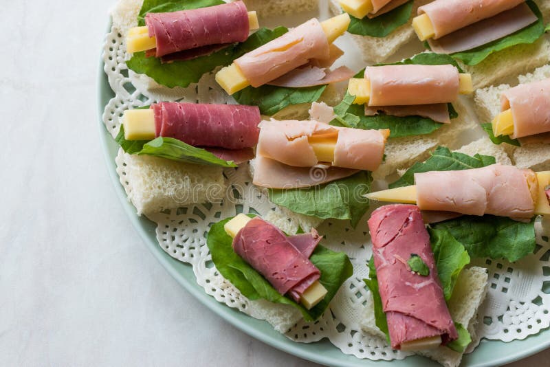 Canape Ham Wrapped with Cheese and Greens in Round Plate. Stock Image ...
