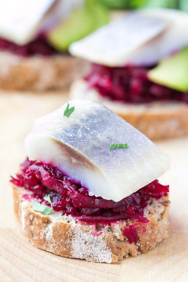 Canape Herring with Beets on Rye Toast, Tasty Starter, Appertiser Stock ...