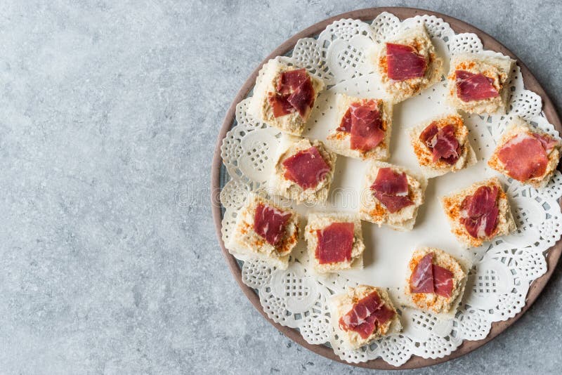Canape With Pastrami / Pastirma Ham And Hummus On Small Square Bread ...