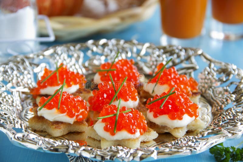 Canape with Red Caviar for Party, Stock Image - Image of antipasti ...