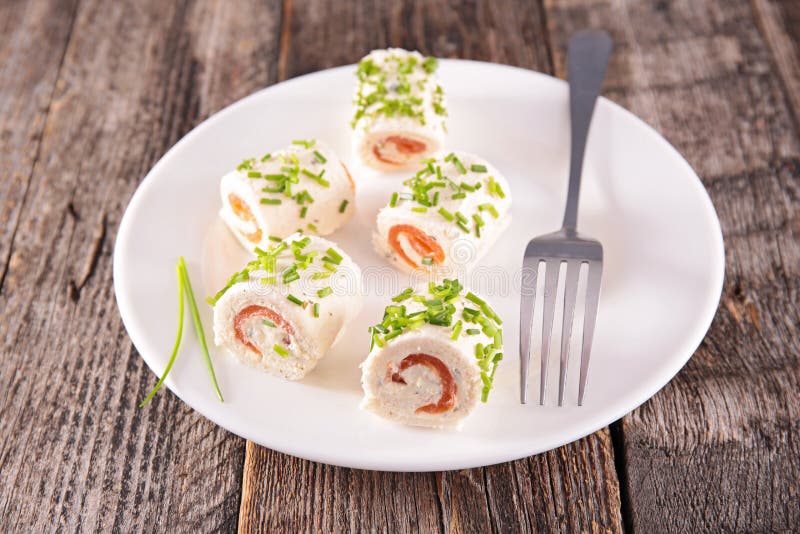 Canape roll ups stock photo. Image of salmon, snack - 223474176