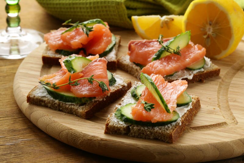 Canape Sandwiches with Salmon Stock Photo - Image of snack, breakfast ...