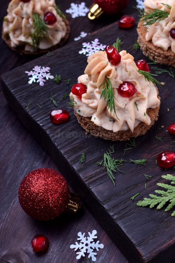 Canape Shaped As a Christmas Tree with Pate Garnished with Pomegranate ...