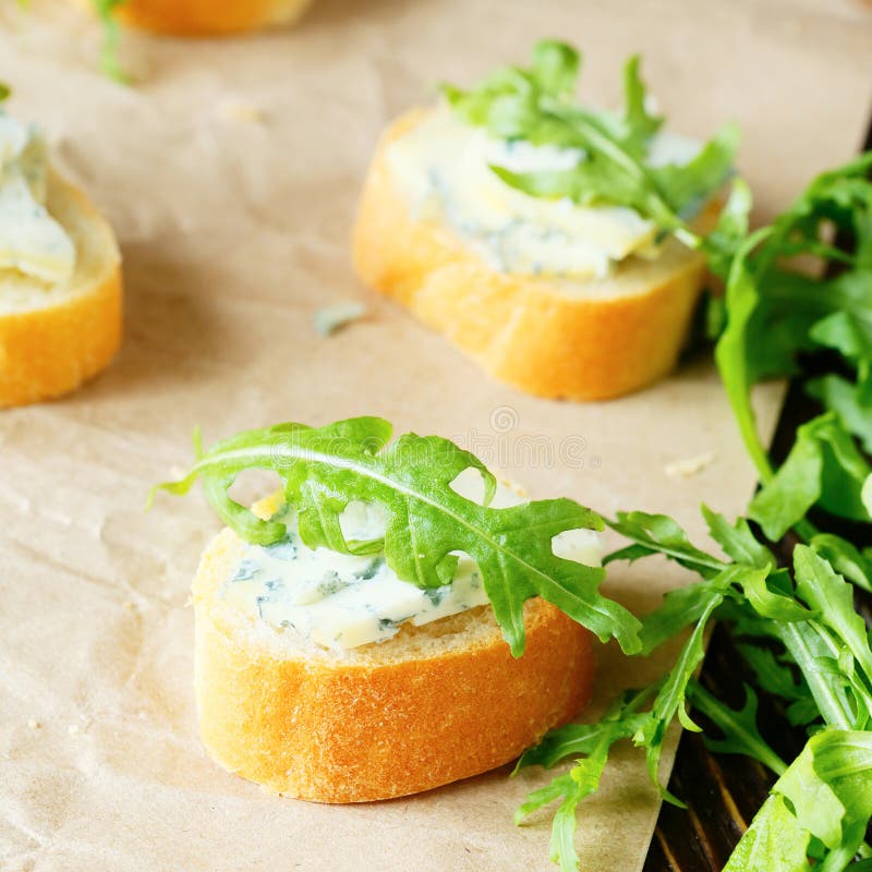 Canapes with Blue Cheese for Breakfast Stock Image - Image of rocket ...