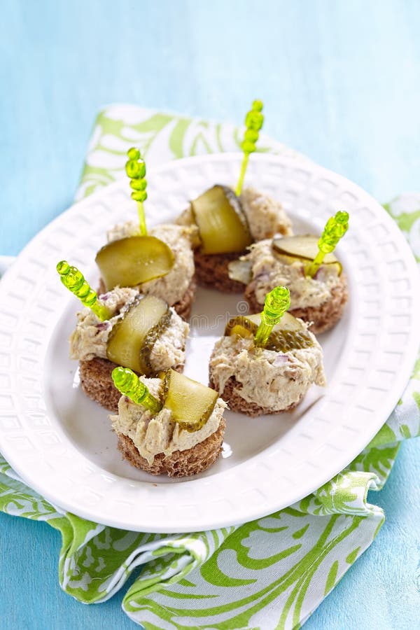 Canapes with Fish Pate and Pickle Stock Photo - Image of holiday ...