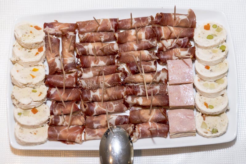 Canapes with Ham, Barbecue, Plums and Bread Sticks Stock Photo - Image ...