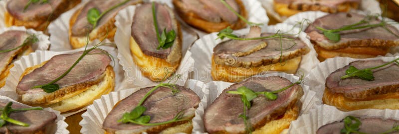 Canapes with Meat and Herbs. Festive Table Setting. Panorama Format ...
