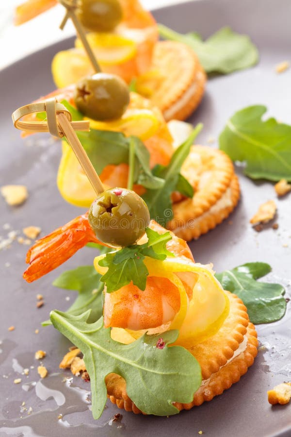 Canapes with prawns. stock photo. Image of greek, cracker - 79270410