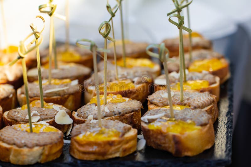 Canapes with White Bread, Pate and Honey. Selective Focus. Stock Photo ...