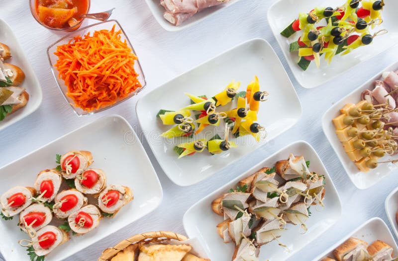 Canapes on the White Plates Stock Photo - Image of catering, fish: 85708004