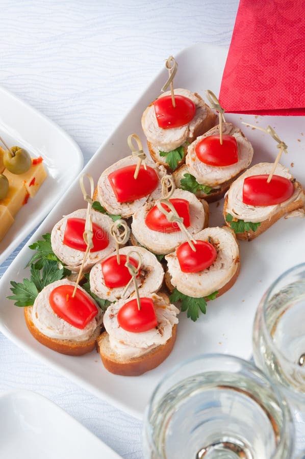 Canapes on the White Plates Stock Photo - Image of fish, cheese: 85708098