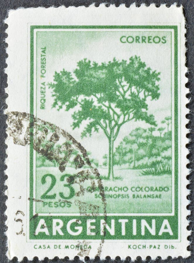 Cancelled Postage Stamp Printed by Argentina, that Shows Red Quebracho ...