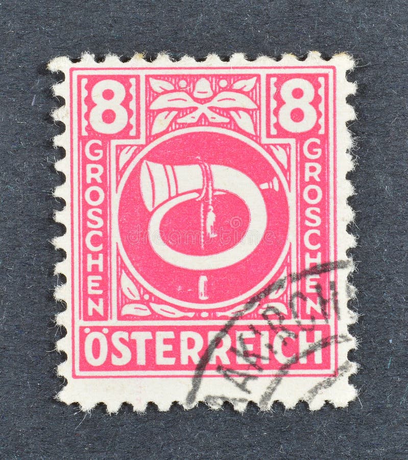 Cancelled Postage Stamp Printed by Austria, that Shows Post Horn ...