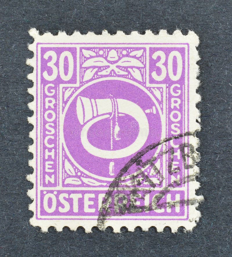 Cancelled Postage Stamp Printed by Austria, that Shows Post Horn ...